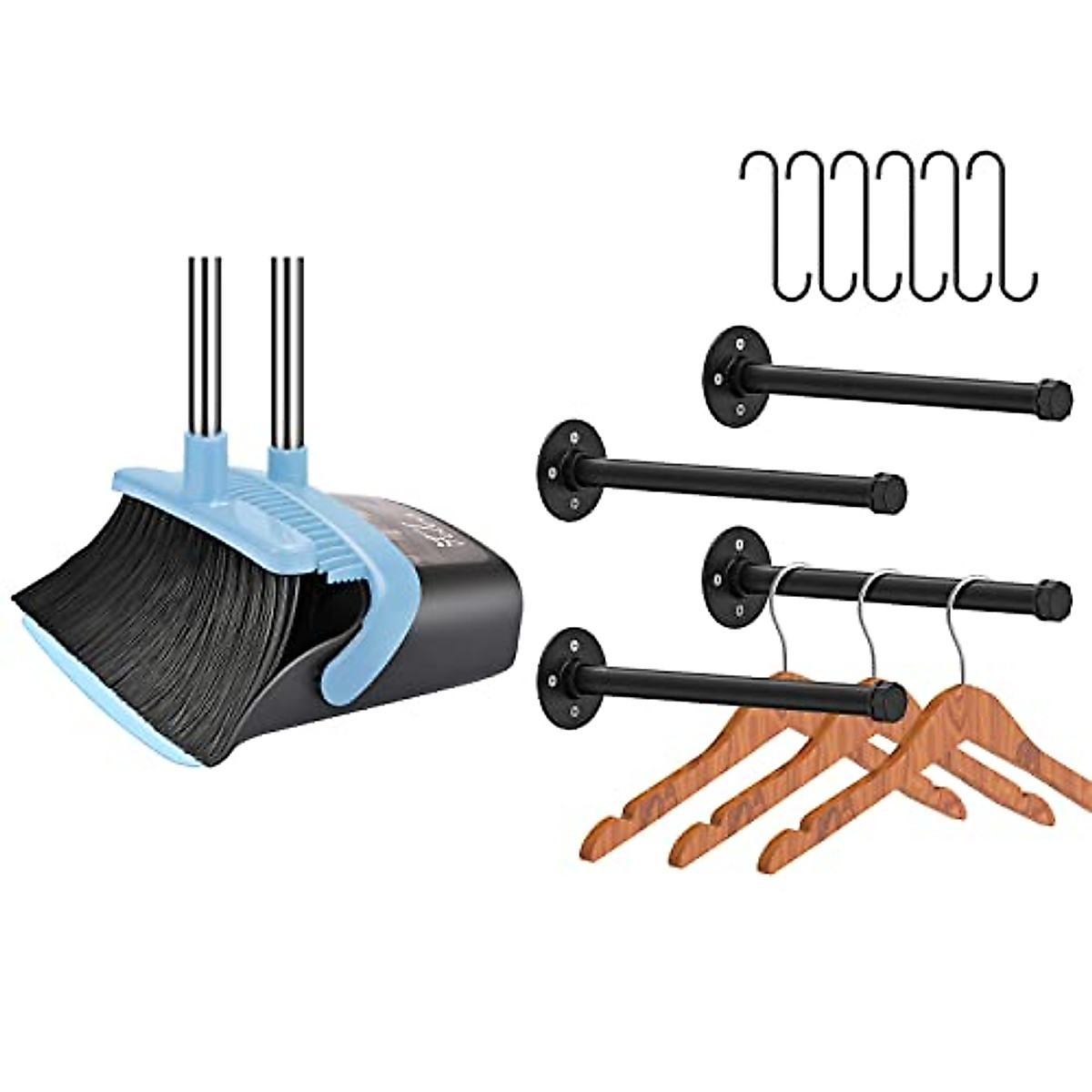 Industrial Pipe Clothes Rack for Hanging Clothes Coats Laundry Room Organizer Storage Hanger Shelf Space Saving, Long Handle Broom and Dustpan Set