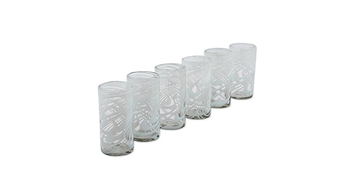 NOVICA White Blown Glass Highball Glasses Set of 6 | Unique Handcrafted ...
