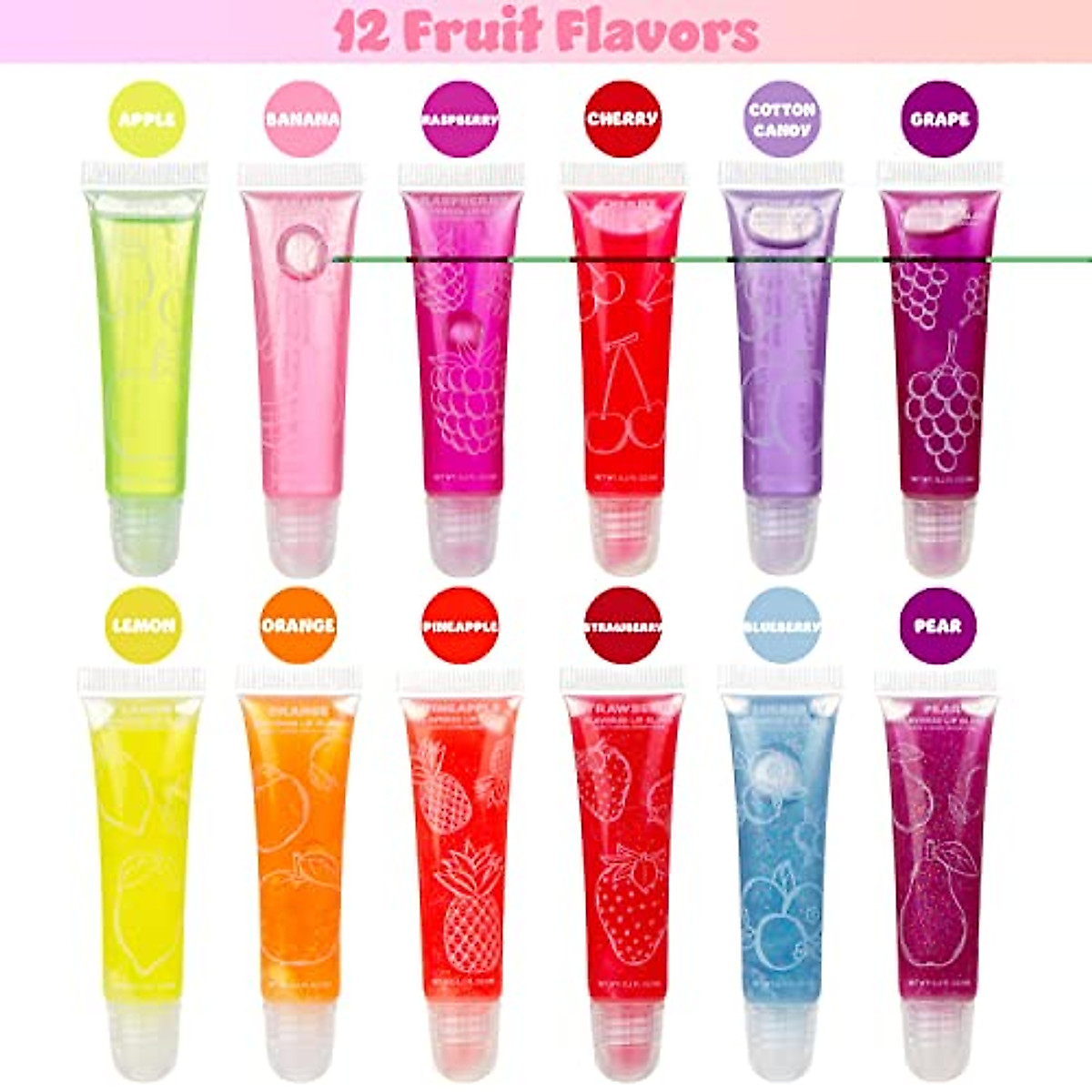 Expressions 12pc Flavored Lip Gloss Set, Glitter Lip Kit, Fruit Flavored Lip Gloss Tubes, Lip Gloss for Kids, Safe and Non Toxic Kids Makeup Set
