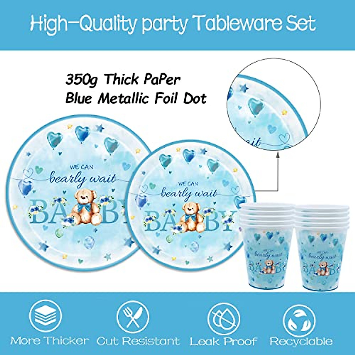 Oigco Teddy Bear Baby Shower Tableware Plates and Napkins - We Can Bearly Wait Baby Shower Decorations Supplies for 24 Guests Boy Bear Theme Party Supplies Kids Birthday Party and Baby Shower