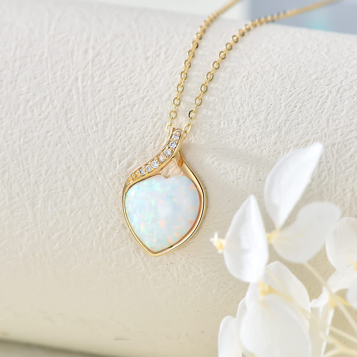 YDD 14k Solid Gold White Opal Necklace for Women Heart Shape Opal with Nature Diamond Pendant Necklace Heart Necklace Opal Jewelry Genuine Diamond Jewelry Gifts 16"-18"