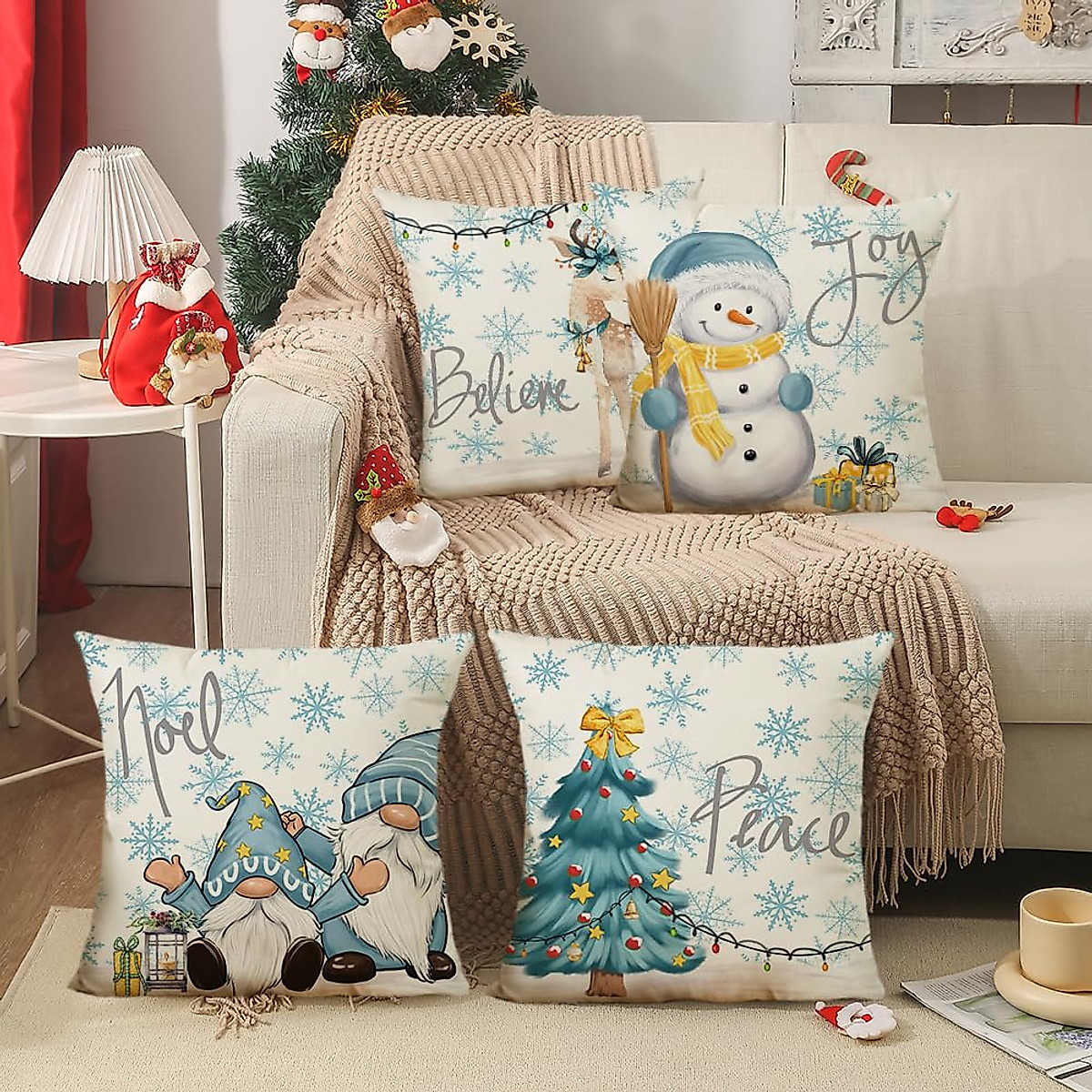 LITIVY Christmas Pillow Covers 18x18 Set of 4 for Xmas Decorative Pillowcase Winter Holiday Throw Cushion Case for Sofa Couch Home Farmhouse Decor (Christmas Tree Snowman Gnome Deer) (18"x18", Blue)