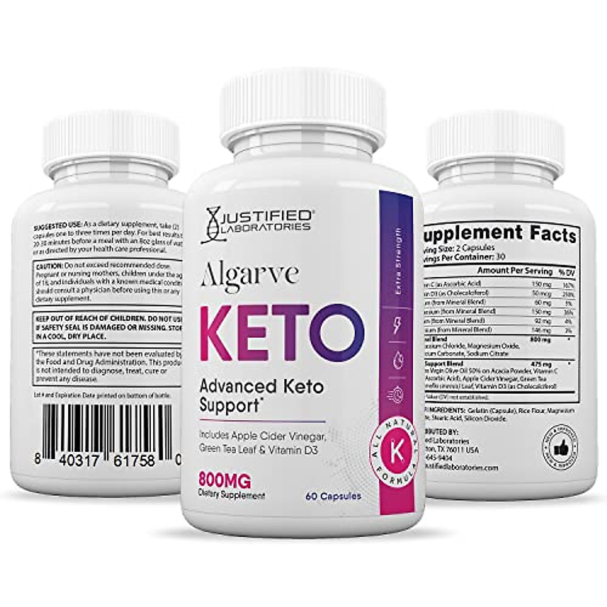 Justified Laboratories (3 Pack) Algarve Keto ACV Pills 1275MG Formulated with Apple Cider Vinegar Keto Support Blend 180 Capsules