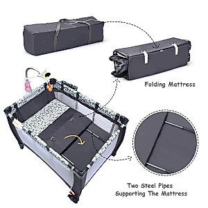 HONEY JOY Portable Baby Playard, 3-in-1 Pack and Play with Infant Bassinet, Diaper Changer & Toy Bar, Lockable Wheels, Toddler Play Yard w/Carry Bag Gray