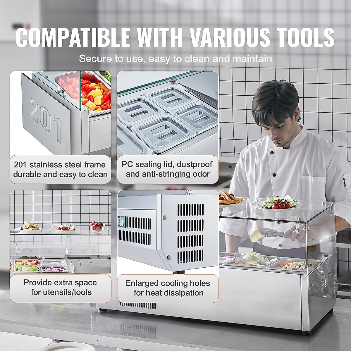 VEVOR, 130 W Countertop Refrigerated Condiment Station, with 1 1/3 4 1/6 Pans, 304 Stainless Body and PC Lid, Sandwich Prep Table Guard, ETL, Glass 40in, Silver