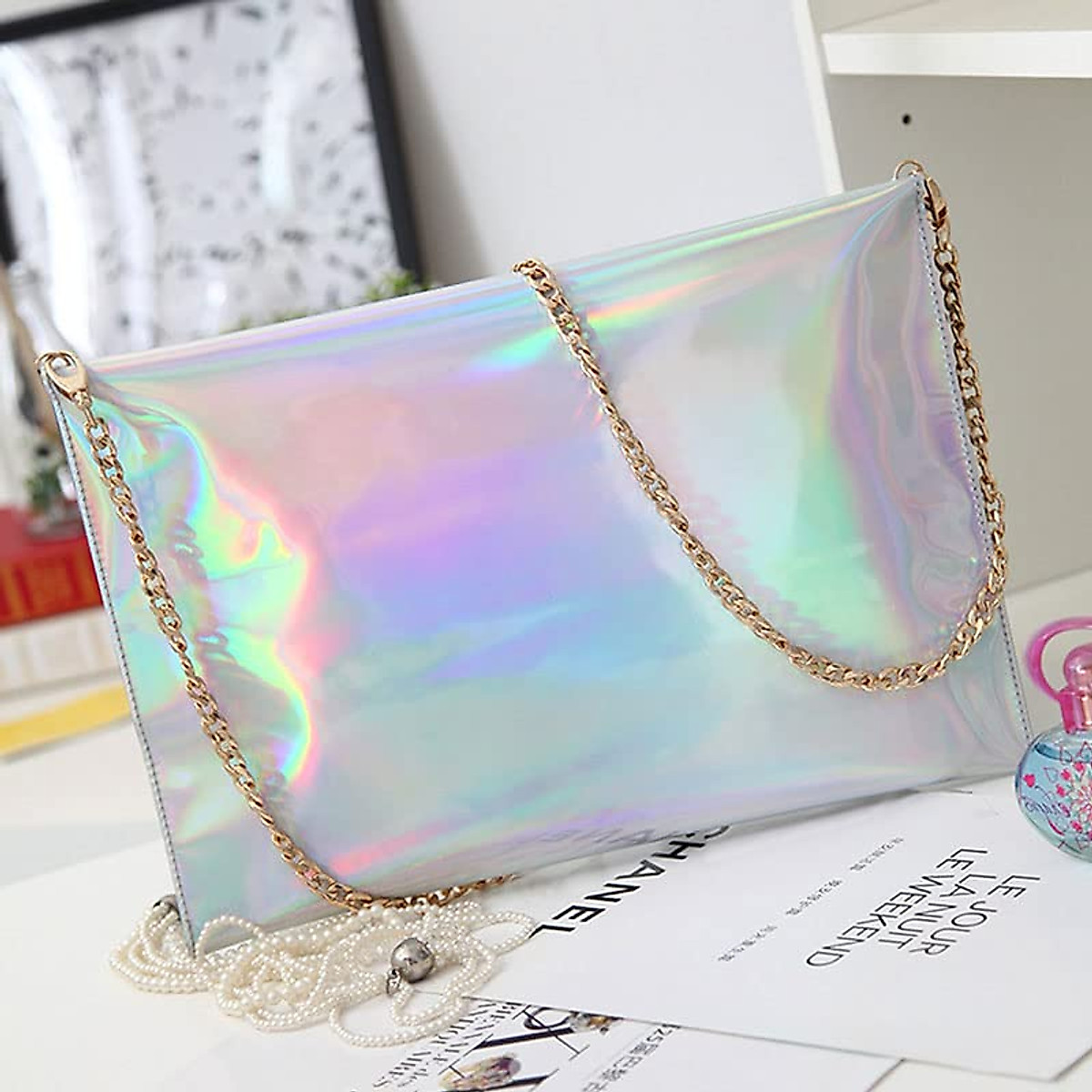 Monique Women Colorful Holographic Evening Clutch Envelope Handbag Small Chain Cross-body Bag Shoulder Bag 167 Silver