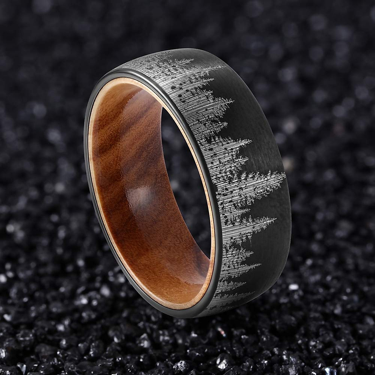 POYA TUNGSTEN Forest Rings for Men 8 mm Black Plated Wedding Band with Wood Liner Comfort Fit (8)