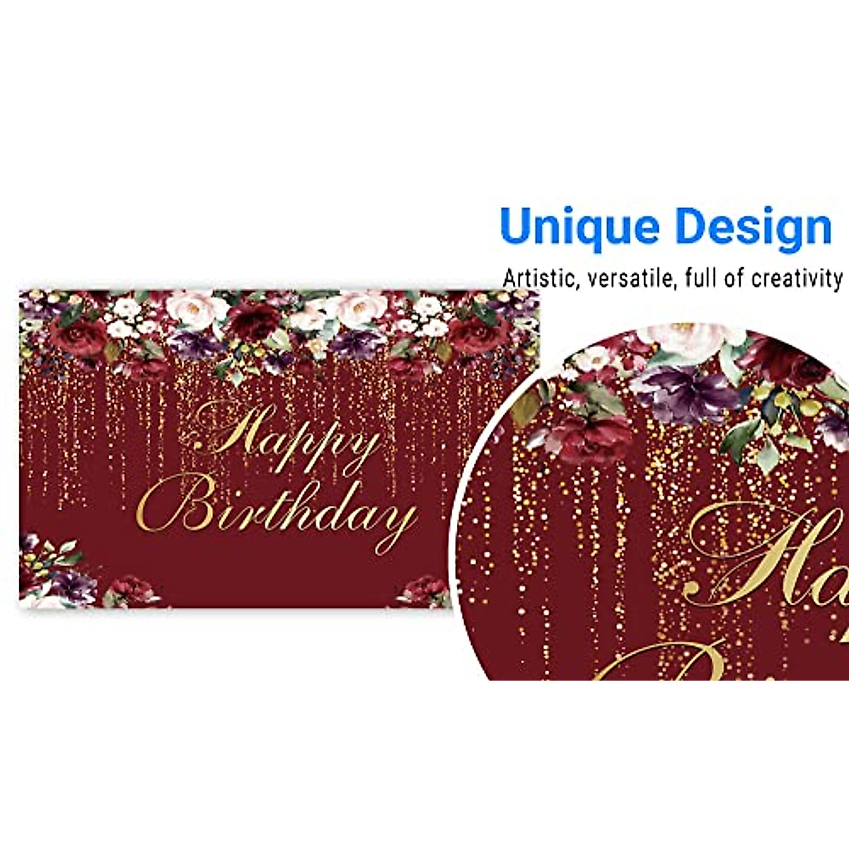 Funnytree 7x5ft Happy Birthday Party Backdrop Burgundy Red Flowers Golden Glitter Floral Photography Background Women Lady Girl Cake Table Decorations 16th 30th 40th 50th 60th Banner Photo Booth