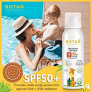 BOTAO BABY’S MINERAL SUNSCREEN FOAM SPRAY: SPF50 Broad Spectrum UVA UVB, Babies or Toddlers Sunburn Protection, Zinc Oxide, 3.4 Oz (1-Pack)