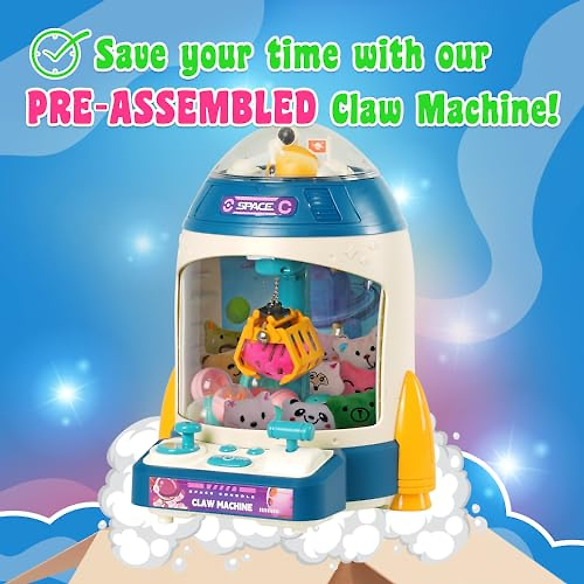 Bambibo Mini Claw Machine for Kids - Pre Assembled Blue Rocket Shaped, Vending | Indoor Toys Arcade Machines Home Game with Music Age 3-8, Pink