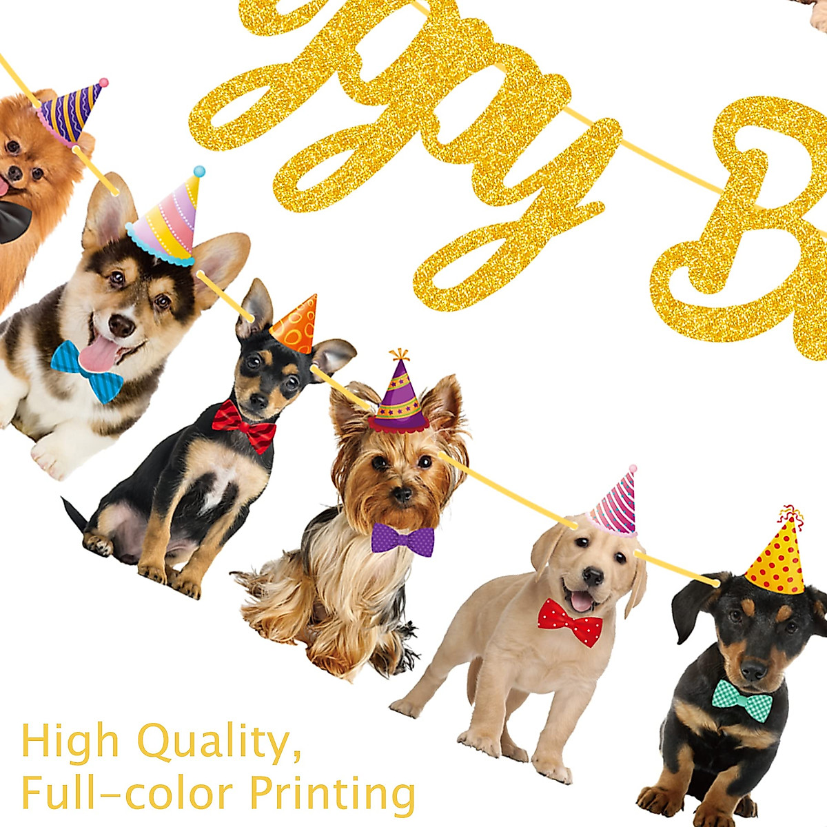 Dog Happy Birthday Banner Decorations Baby Dog Birthday Party Supplies Gold Glitter Puppy Birthday Banner Decorations for Pet Dog Theme Party Bunting Decoration Baby Shower Party Supplies