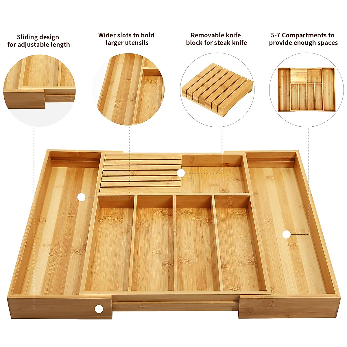 Bamboo Knife Drawer Organizer, Expandable Cutlery Tray and In-Drawer Knife Insert (16 knives)