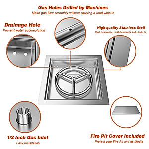 Skyflame 12 inch Square Stainless Steel Drop in Fire Pit Burner Pan with Burner Ring and Protective Cover, Outdoor DIY Firepit Kit for Both Natural Gas and Liquid Propane