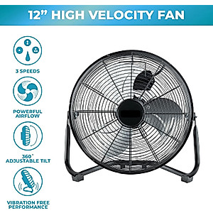 EZ-CHILL 12” Cradle Floor Fan, 3 Speed, High Velocity, 180 Degree Adjustable Tilt, All-Metal, Carry Handle, Rubber Feet, Airflow 15.42 ft/sec, Ideal for Home, Bedroom & Office, MTFDB-12