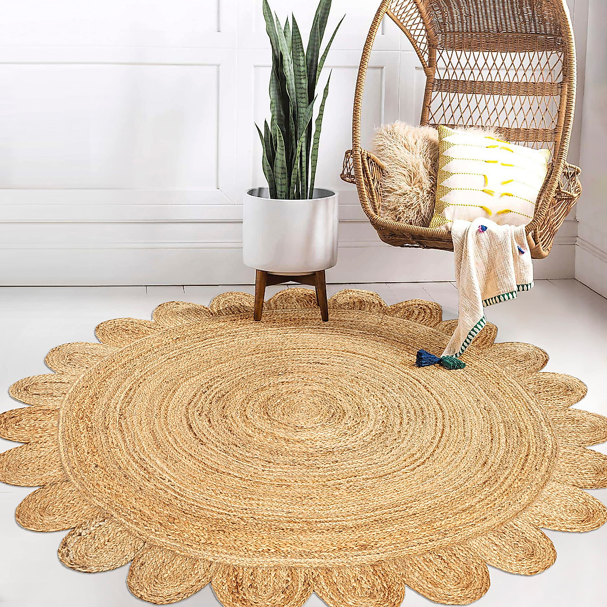 JONATHAN Y RNF112A-6R Petal Boho Jute Scalloped Circle Indoor Area -Rug, Cottage, Bohemian, Rustic Easy -Cleaning,Bedroom,Kitchen,Living Room,Non Shedding, Natural, 6' Round