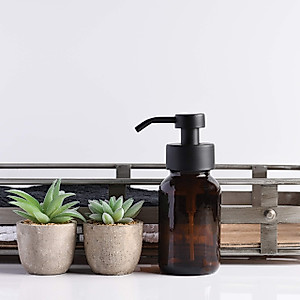 Refillable Foaming Soap Dispensing Bottle - Amber Glass - Matte Black Stainless Steel Foaming Pump - Apothecary Style for Modern bathrooms and Kitchens (Includes Labels)