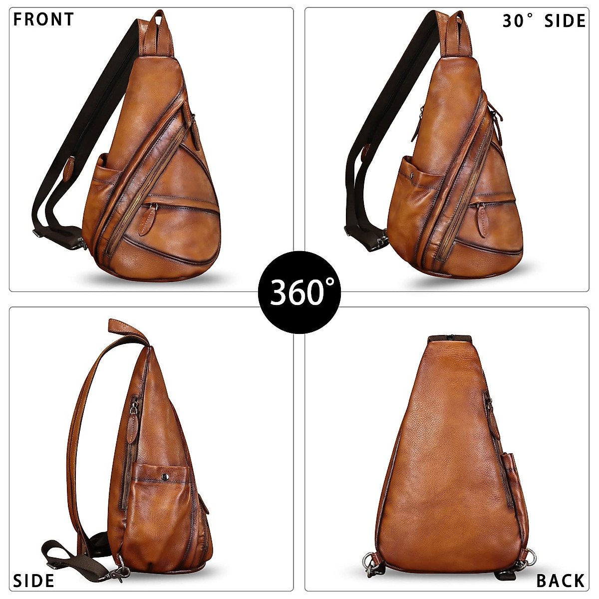 FEIGITOR Genuine Leather Sling Bag Retro Crossbody Backpack Handmade Chest Shoulder Hiking Daypack Cycling Purse Fanny Pack (Brown)