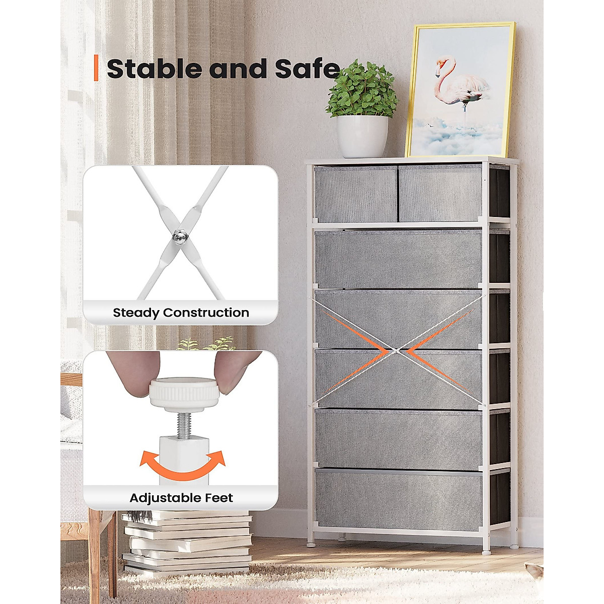 Pellebant Dresser for Bedroom with 7 Drawers, Tall Dresser Vertical Storage Tower, Sturdy Metal Frame, Fabric Storage Bins with Wooden Handle, Wooden Top, Organizer Unit for Closet/Hallway, Light Grey