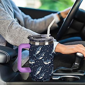 Whales Orcas Narwhals On Navy 40 Oz Tumbler Insulated Stainless Steel Water Bottle Travel Mug Car Cup with Handle And Straw