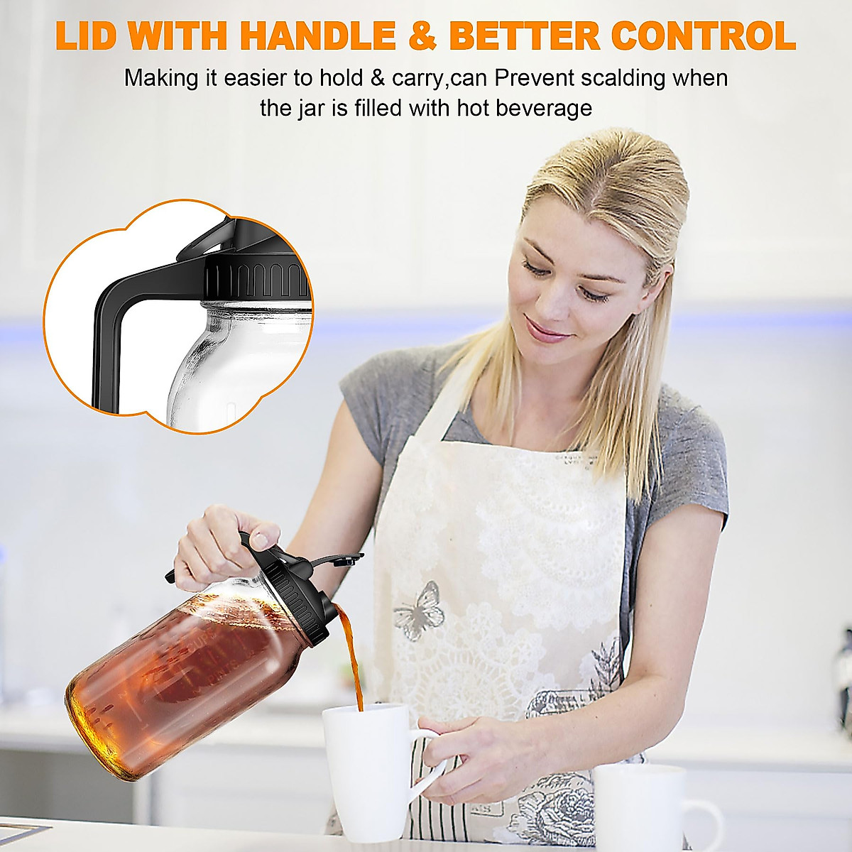 Nevfiro Mason Jar Pitcher with Pour Spout Handle Lid, 2 Quart(64OZ) Thick Glass Pitcher with Lid, Leak-proof Glass Pitcher Wide Mouth for Brew Coffee, Ice Beverage, Juice, Lemonade, Sun Tea