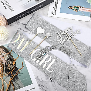 WILLBOND Birthday Tiara and Sash Kit Girls Rhinestone Happy Birthday Crown Headband Cake Toppers Party Favors