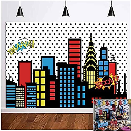Art Studio 8x6ft Superhero Super City Photography Backdrops Skyline Buildings City Boom Photo Background Children Birthday Party Banner Photo Studio Booth Cake Table Decor