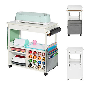 iVyne Craft Cart, Ultimate Organization & Storage Table for Cricut/Silhouette, Craft Table with Storage, Workstation for Accessories, iVyne Berry, Vinyl Rolls, and More - White