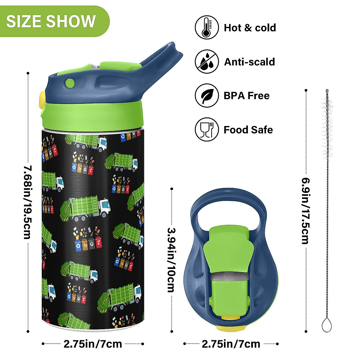 Stainless Steel Water Bottle for kids- 12 Ounce Stainless Steel Vacuum Insulated Water Bottle for Kids children,Double Wall Vacuum Insulated Bottles (Garbage Truck Trash Recycling)