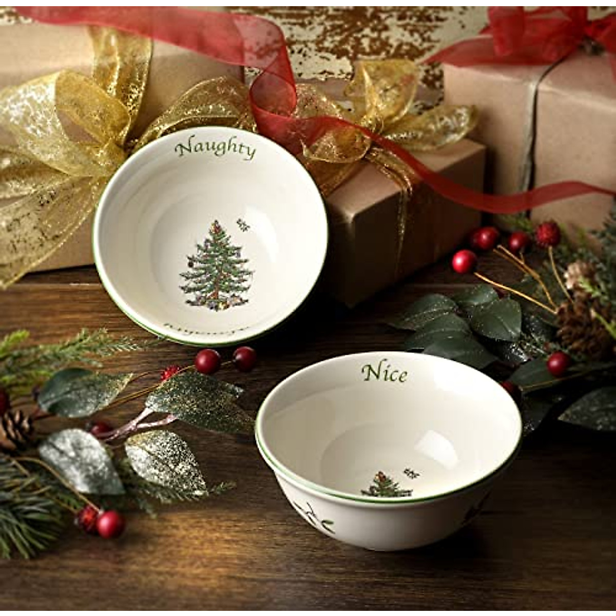 Spode Christmas Tree Collection Dip Bowls, set of 2, Naughty and Nice, Beige/Green, Ceramic Serving Bowl, Holiday Dishes, 4-Inches, Dishwasher and Microwave Safe