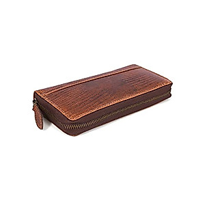 Aaron Leather Goods Women's RFID Blocking Large Capacity Leather Wallet Zip Around Phone Clutch Large Travel Purse Wristlet (Walnut)