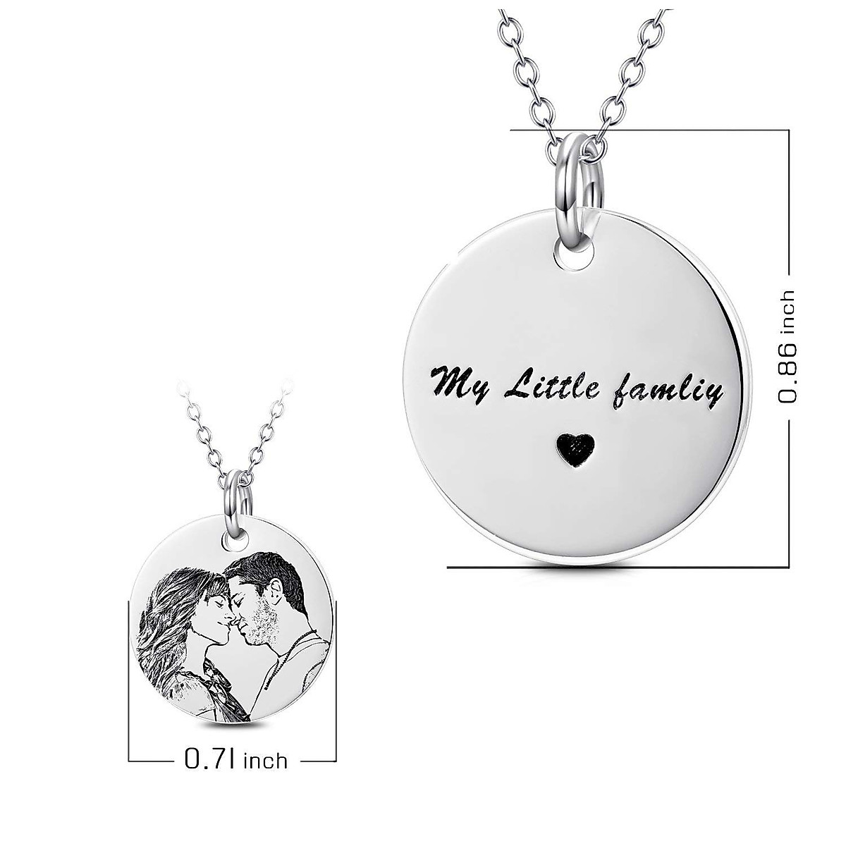 LONAGO Personalized Photo Necklace Sterling Silver Custom Engraved Picture Image Necklace Pendant Black and White Color Gifts (small circle)