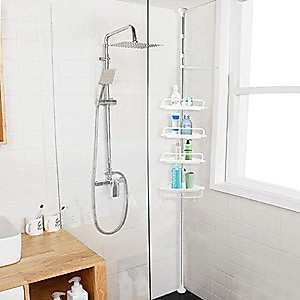 Corner Shower Caddy,4 Tier Height Adjustable White Plastic Tension Bathroom Corner Shelf Bath Shower Pole Storage Rack Tower Organizer Basket Storing Shampoo, Conditioner, Soap (4 Tier Plastic)