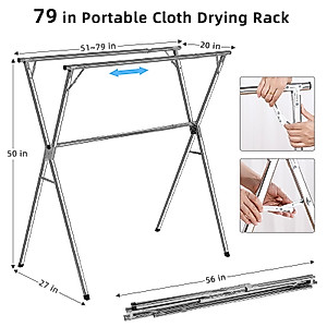 funest Clothes Drying Rack, 79 Inches Adjustable & Foldable Laundry Drying Rack, Heavy Duty Stainless Steel Drying Rack Clothing with 20 Hooks, 12 Clips, Suitable for Indoor, Outdoor and Balcony