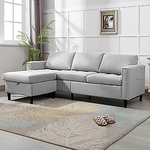 BALUS 77" Reversible Sectional Couch Set L Shaped Modular Linen Sofa with Reversible Storage Ottoman Chaise Modern Sofa Couches for Living Room Apartment Office - Light Grey