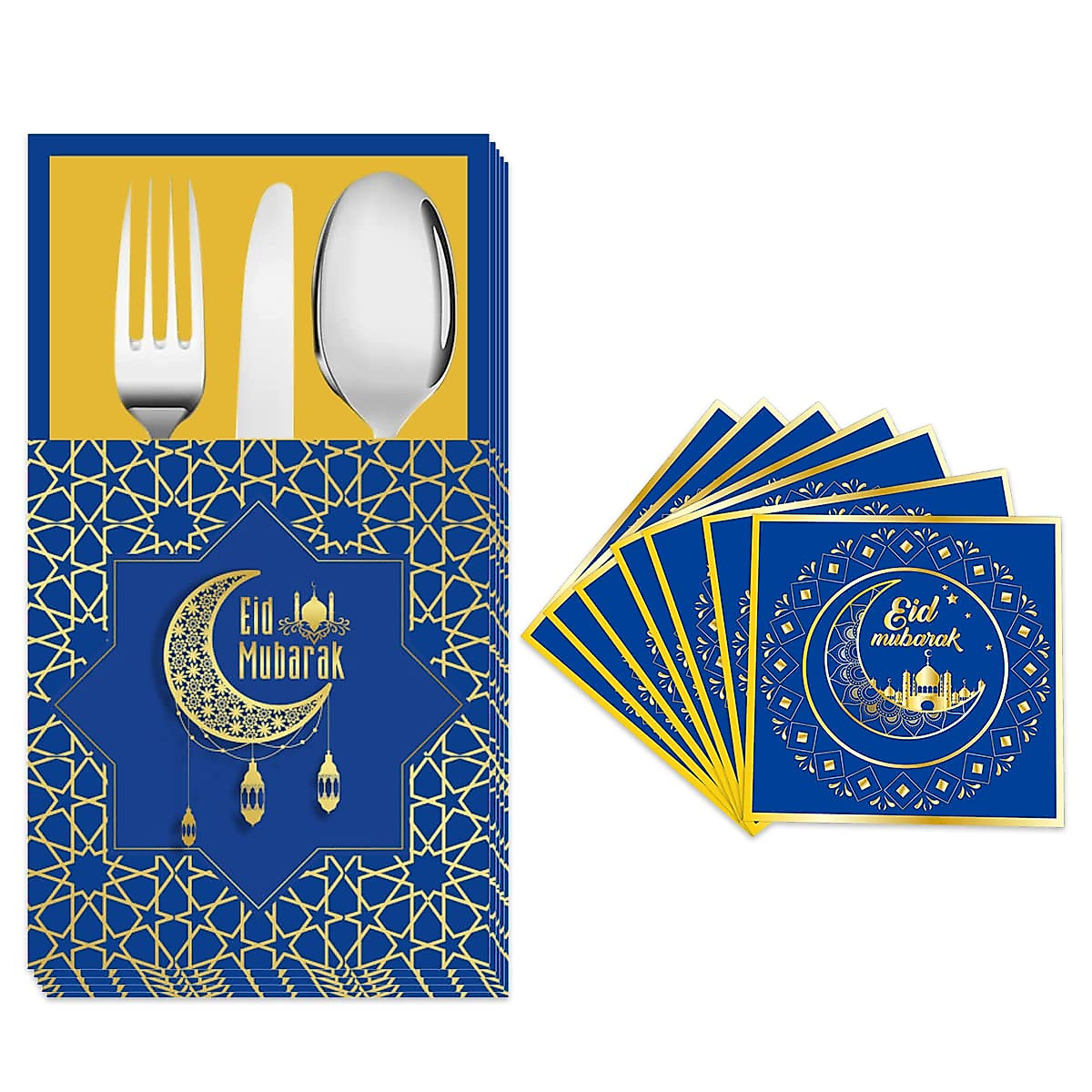 Eid Mubarak Napkins Paper,18 Count Cutlery Holders and 36 Count Ramadan Napkins Lucky Cutlery Decorative Utensil Holders for Ramadan Table Disposable Decorations