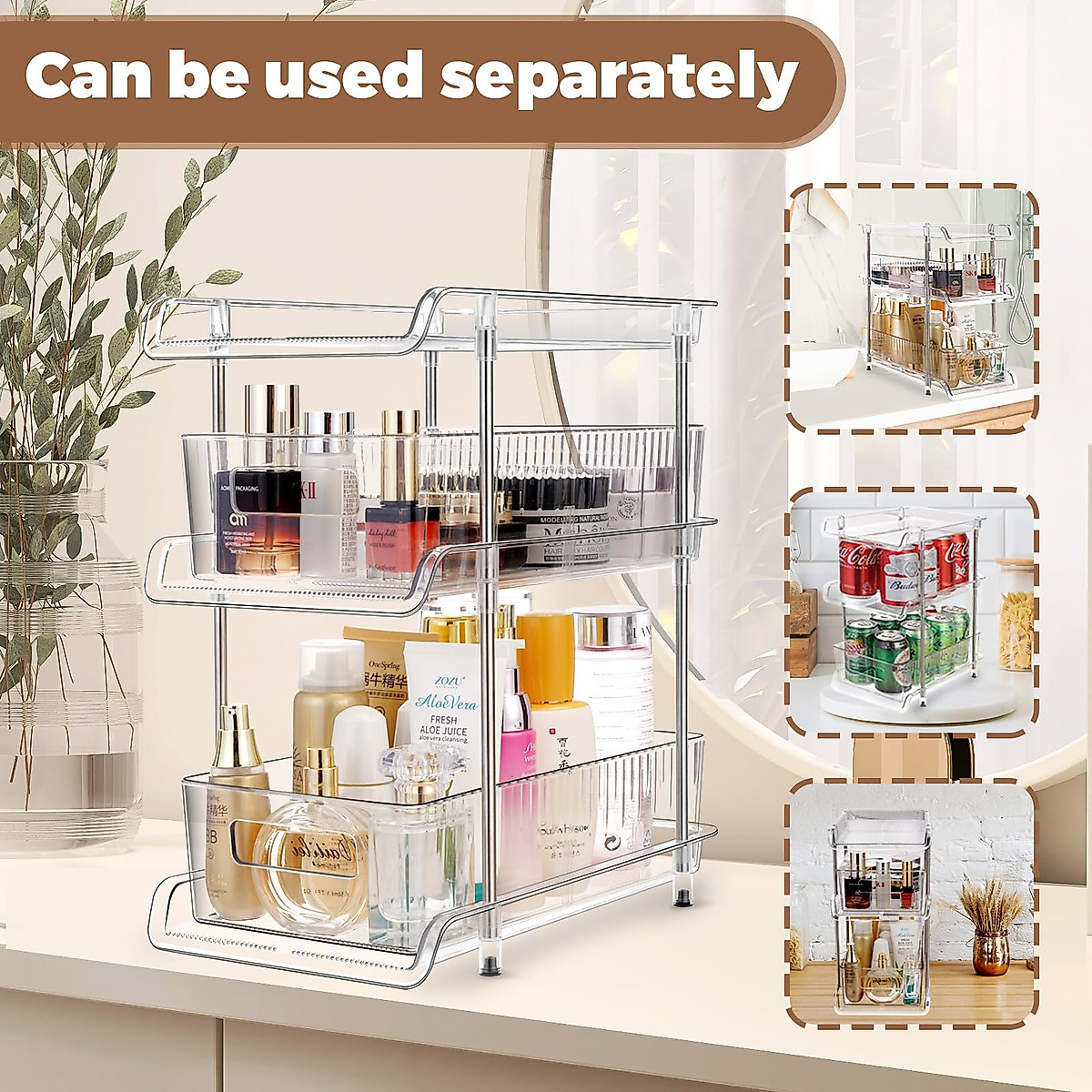 XINYA BAO 3 Tier Clear Bathroom Organizer, With Dividers, Multi-Purpose Pull-Out Pantry Organization and Storage, Under Sink Closet Organizers and Storage, Skincare Cosmetic Organizer Medicine Bins