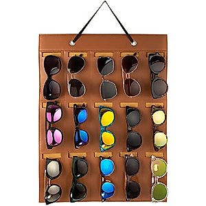 Sunnies Spot! Leather Hanging Glasses Sunglass Wall Holder Organizer With 15 Storage Slots (Brown)
