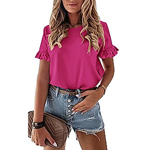 PRETTYGARDEN Women's Short Sleeve Casual T Shirts Summer Ruffle Plain Round Neck Loose Fit Tee Blouse Tops Rose Red