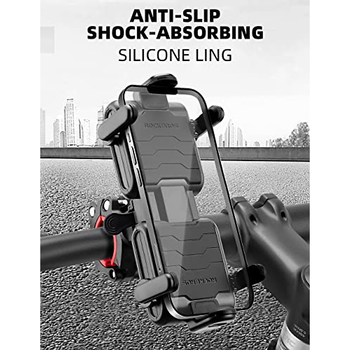 ROCKBROS Bike Phone Holder- Adjustable Motorcycle Phone Mount Handlebar Clip for Bicycle Scooter, Cell Phone Clamp for 4.1" - 6.7" Smartphones iPhone 14 Plus/Pro Max, 13 Pro Max, S9, S10 and More