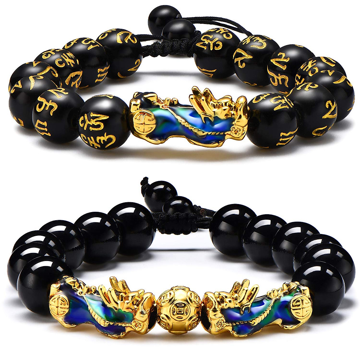 2 Pieces Feng Shui Bead Bracelet Black Amulet Wealth Bracelet with Color Change Pi Xiu Adjustable Braided Rope for Attracting Wealth and Good Luck