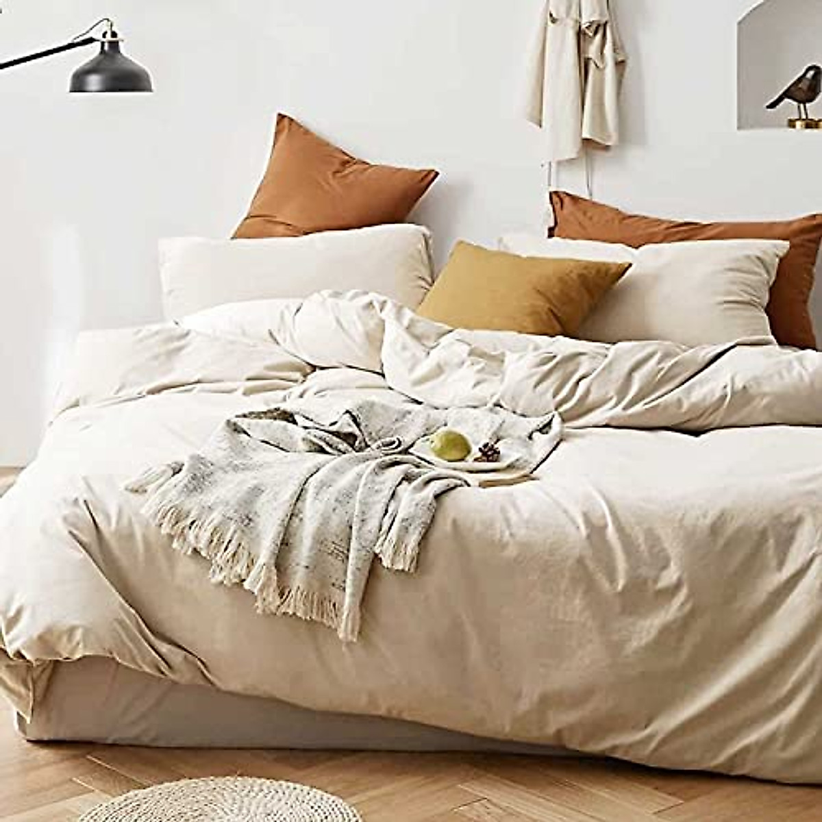 ETDIFFE Beige Duvet Cover Queen Size, Soft Boho Bedding Comforter Cover Set 3 Pieces with Zipper Closure, 1 Farmhouse Lightweight Microfiber Duvet Cover 90x90 inches and 2 Pillow Shams for Women Men