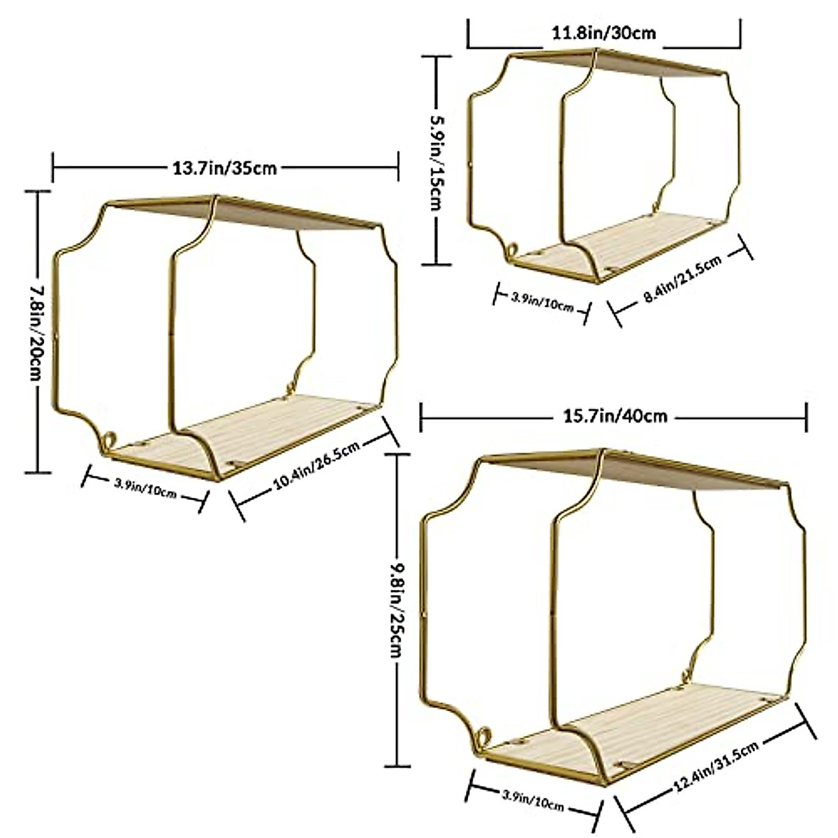 Dianhengmi Rectangular Floating Shelves Wall Decor, Gold Metal Wire and Wood Wall Mounted Large Space Storage Shelf Home Decorations Art for Bedroom Living Room Kitchen Bathroom, Set of 3