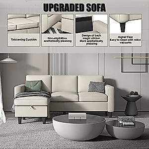 Beige Convertible L-Shaped Sectional, Modern Linen Fabric 3-Seat Sofa Couch Furniture Set with Storage Ottoman for Living Room Small Space