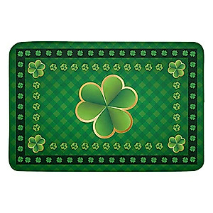 Front Door Mats Outdoor Indoor Kitchen Mat, Green Checked Clover on St. Patrick's Day Entrance Doormat Non-Slip Bathroom Rugs Washable Floor Mats for Sink/Porch, 18" x 30"