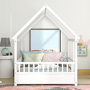 Wood Montessori Floor Bed Full Size, Full Floor Bed with Fence and Door, Full Size House Bed for Kids, Girls, Boys, White Montessori Bed Full Size