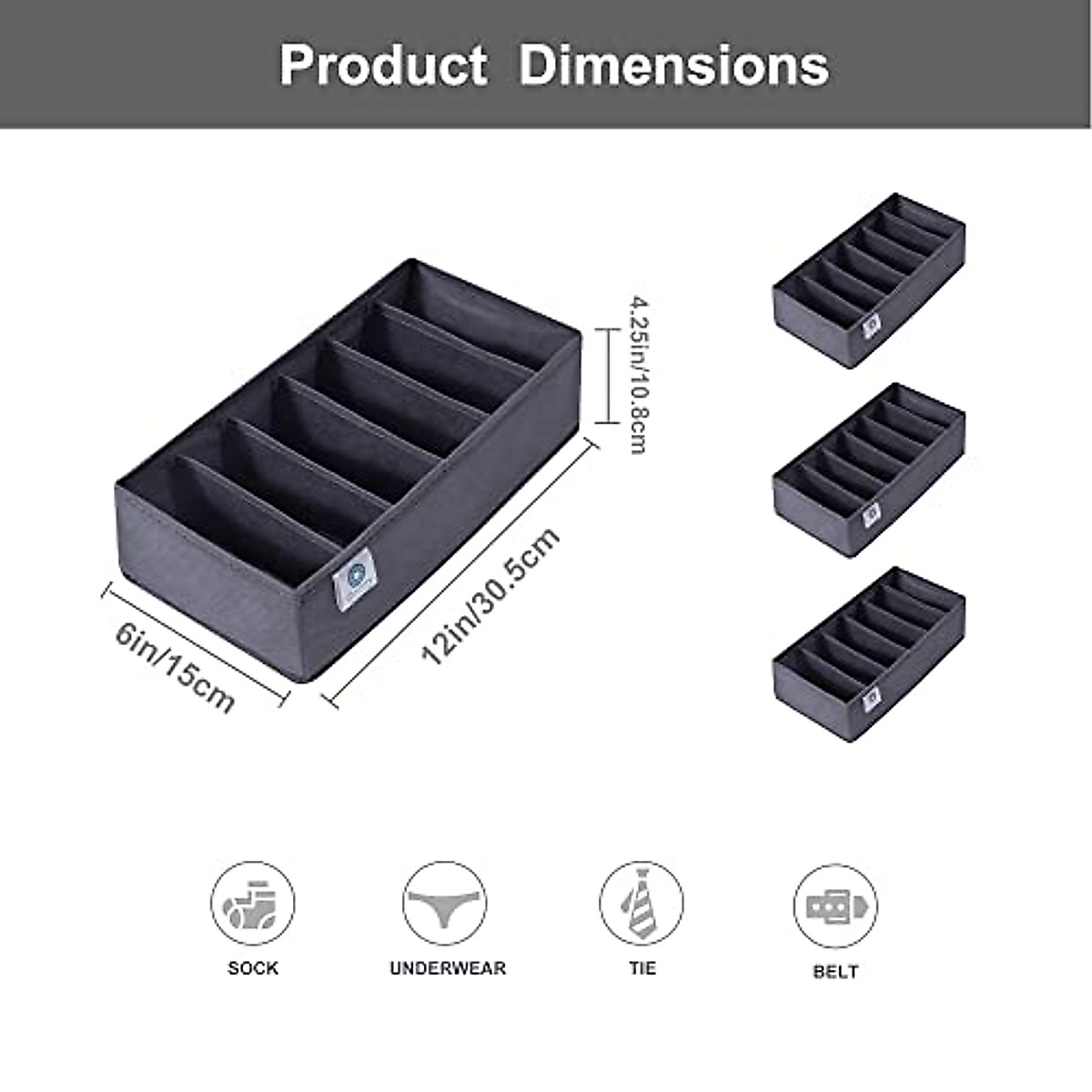 Qozary 3 Pack Sock Underwear Drawer Organizer Dividers, Non-Woven Fabric Collapsible Cabinet Closet Storage Boxes for Clothes, Socks, Lingerie, Underwear, Tie, Belt, Baby, Bedroom (Gray, 6 Cells)