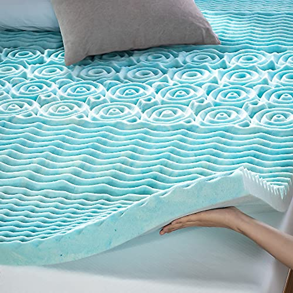 Zinus 1 Inch Green Tea Cooling Gel Memory Foam Zoned Support Mattress Topper, Full, Blue