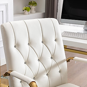 DUHOME PU Leather Home Office Desk Chairs, Modern Gold Task Chair with Wheels for Office, Swivel Adjustable Computer Chair with Armrest and Gold Base White