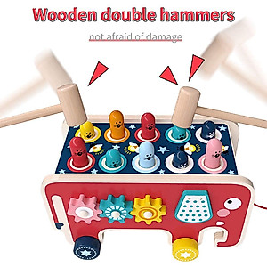 NUKied Wooden Hammering and Pounding Toys, Wooden Toys for 1 Year Old with 2 Mallets Pull Along Elephant Gopher Toy, Montessori Toys for 1 2 3 Year Old Toddler Boys Girls Birthday