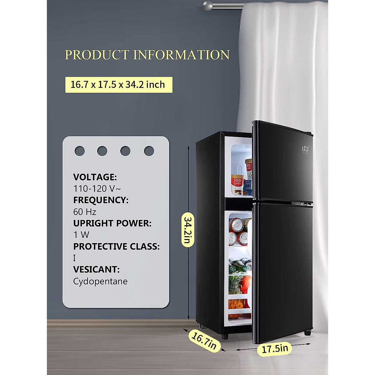 KRIB BLING 3.5 Cu.Ft Compact Refrigerator with Freezer, Retro Fridge, Mini Fridge with Two Door Design, 7 Level Adjustable Thermostat for Dorm, Office, Bedroom, Apartment, Black